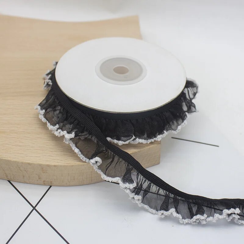 Эластичная кружевная лента с рюшами 2-10 ярдов Черный, Black, 2yards