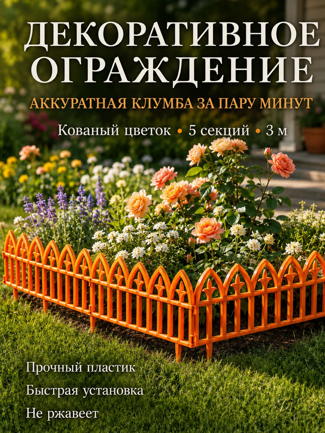 Декоративное ограждение Кованый цветок 5 секций, 3 м оранжевый