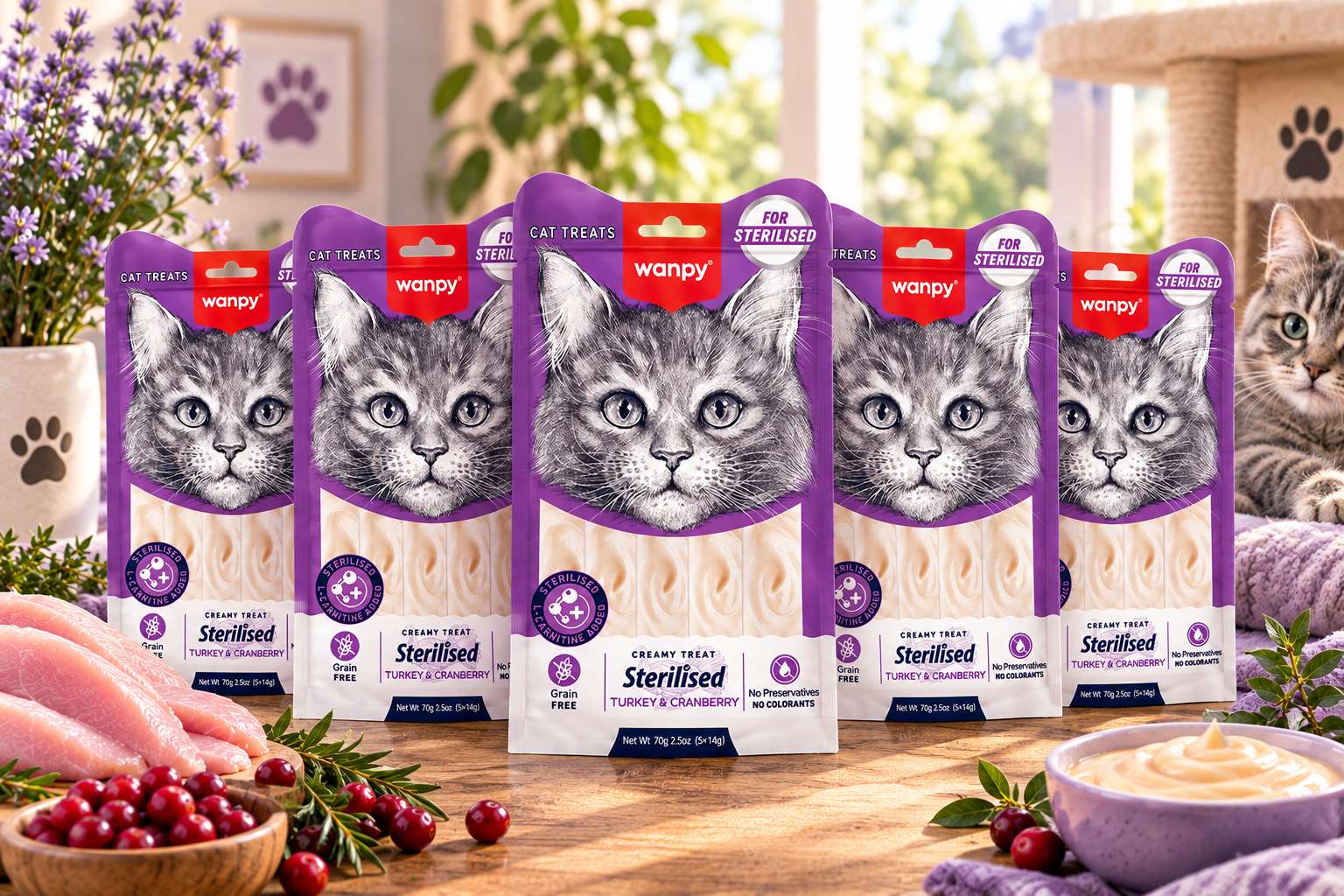 Крем - лакомство для стерилизованных кошек Wanpy Cat Sterilised Нежное пюре из тунца с клюквой, 5 уп х 70 гр