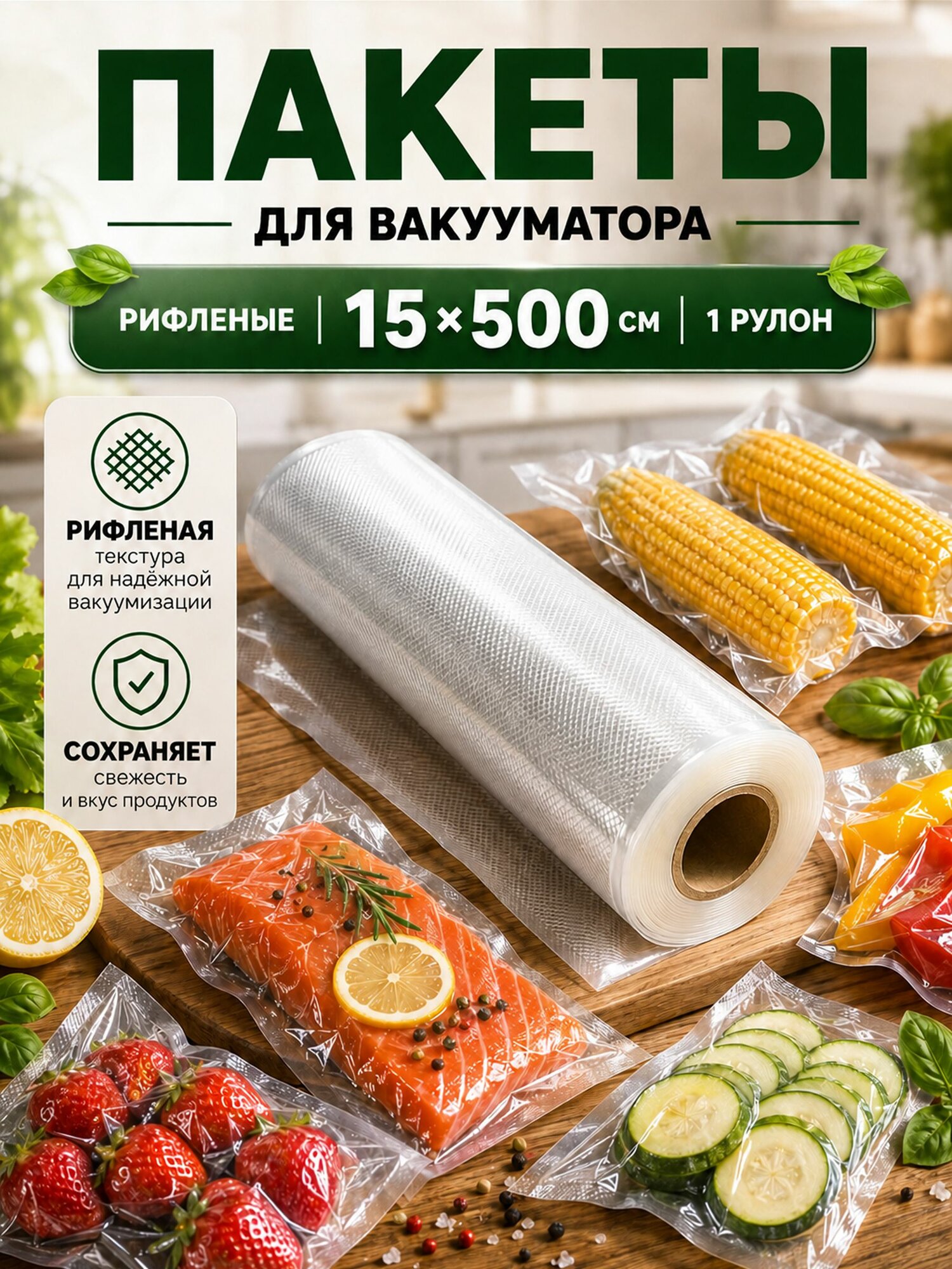Пакеты для вакууматора в рулоне 15х500 см (1 рулон) рифленые для хранения и заморозки