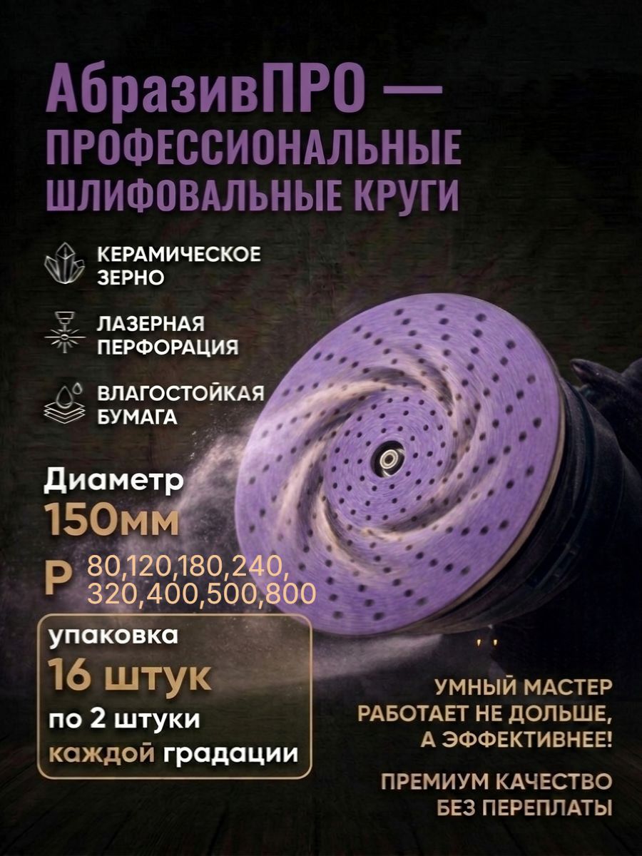 150 мм. Р80, Р120, Р180, Р240, Р320, Р400, Р500, Р800 набор 16 шт. АбразивПРО набор кругов шлифовальных абразивных для шлифовки под липучку велкро.