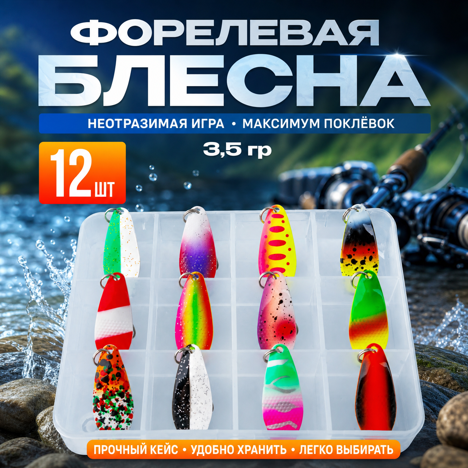 Форелевая блесна колебалка для рыбалки набор в кейсе 3,5 гр, 12 шт. (Цвет товара: 12 цветных форелевых блесен набор 4; Длина: 50 мм, с неотразимой игрой в прочном удобном кейсе)