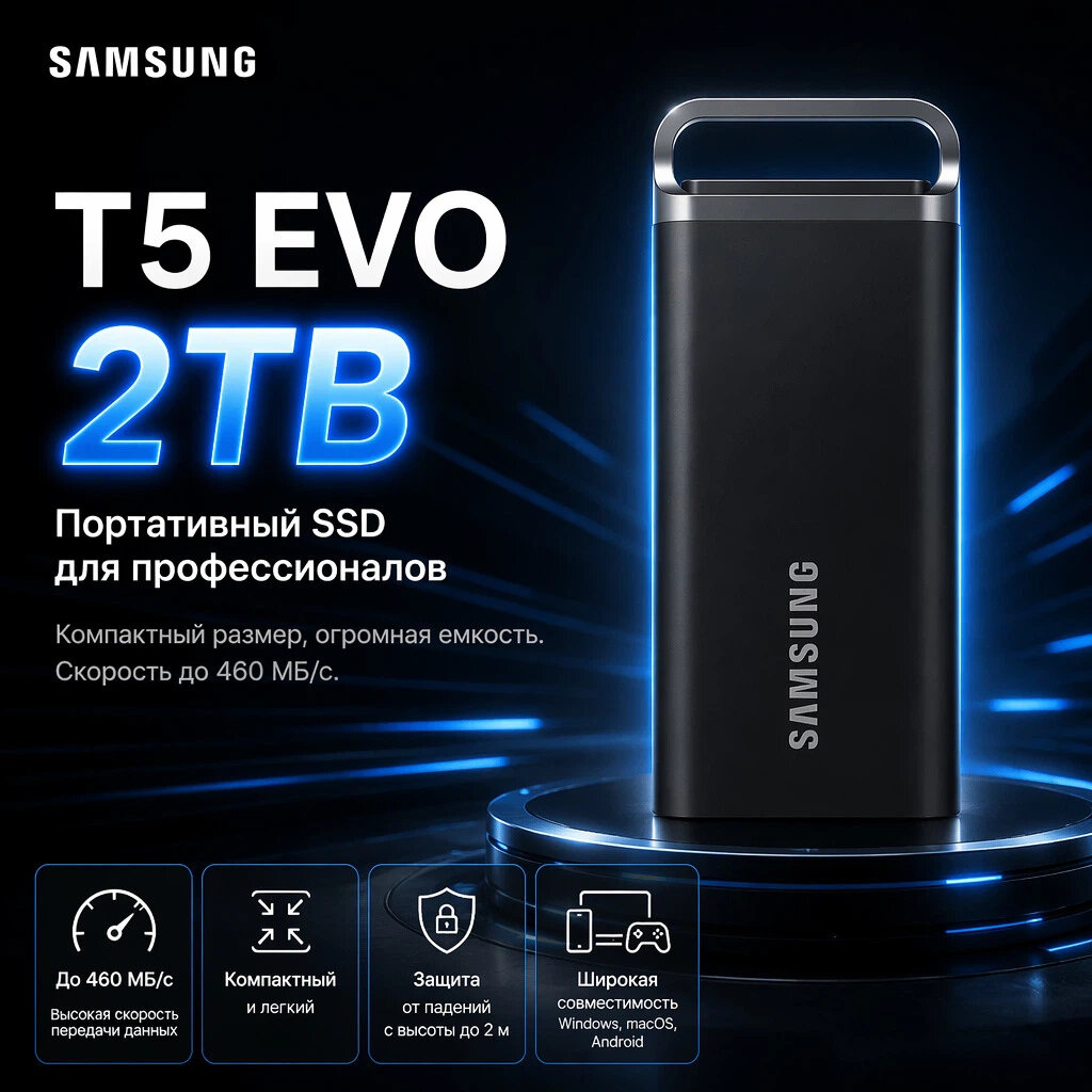 Портативный внешний SSD накопитель Samsung Portable SSD T5 EVO USB 3.2 Gen1 2TB (MU-PH2T0S/WW)