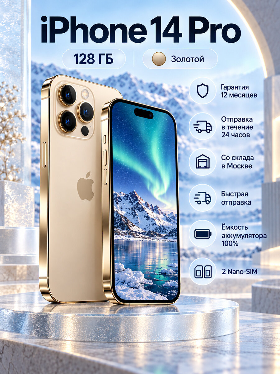 Смартфон Apple iPhone 14 Pro 128 ГБ, золотой, A16 Bionic, 2 Nano-SIM