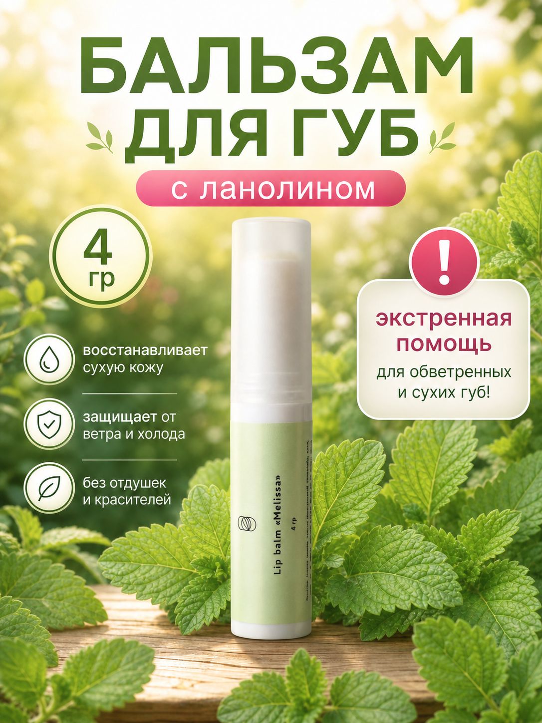Бальзам для губ Мелисса с ланолином увлажняющий