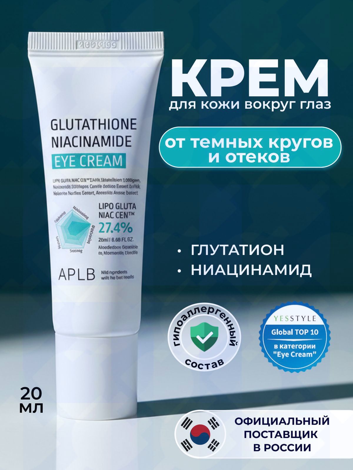 Крем для кожи вокруг глаз корейский от темных кругов и отеков омолаживающий от морщин 20 мл