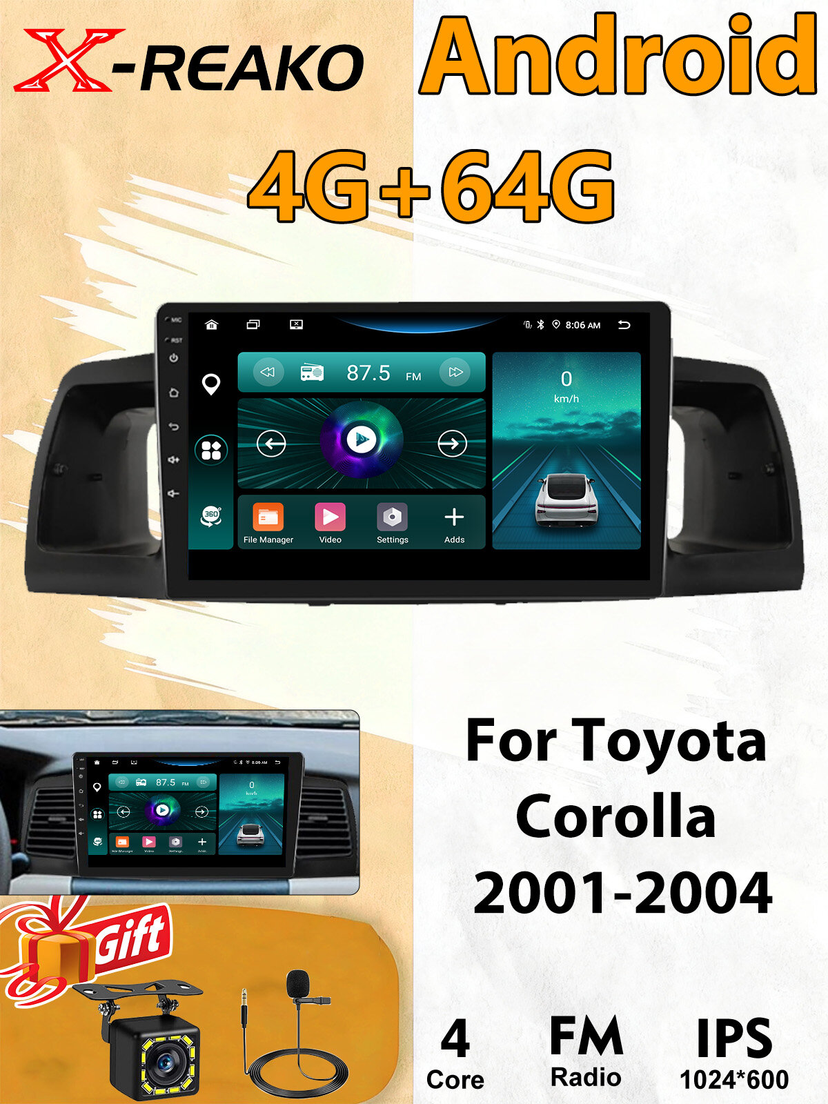 Магнитола для Toyota Corolla 2001-2004 экран 9 дюймов Андроид wifi Bluetooth GPS