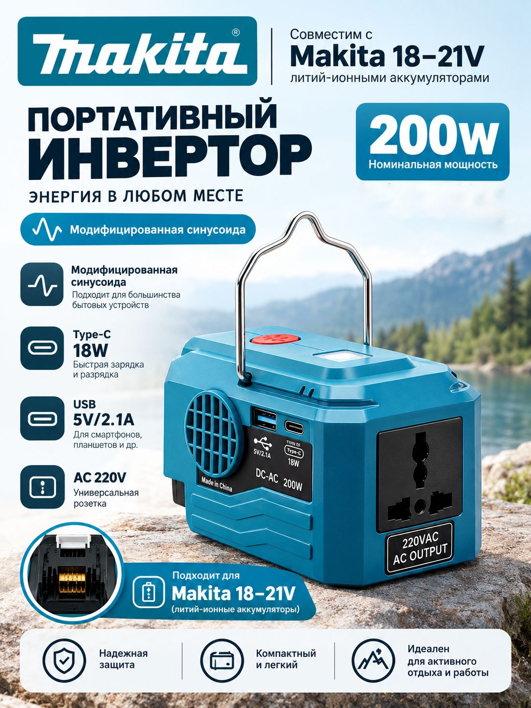 Аккумуляторный инвертор питания подходит для литиевой батареи Makita 18-21V переменного тока напряжением 220 В со светодиодной подсветкой