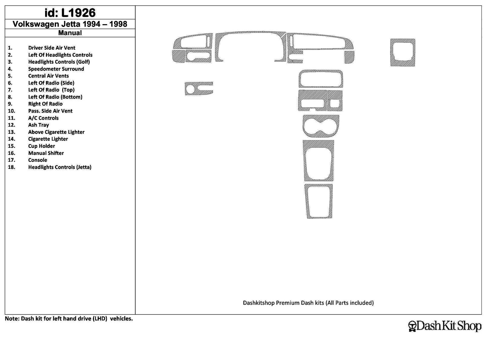 Декоративные накладки салона для Volkswagen Jetta 1994-1998. Комплект L1926.