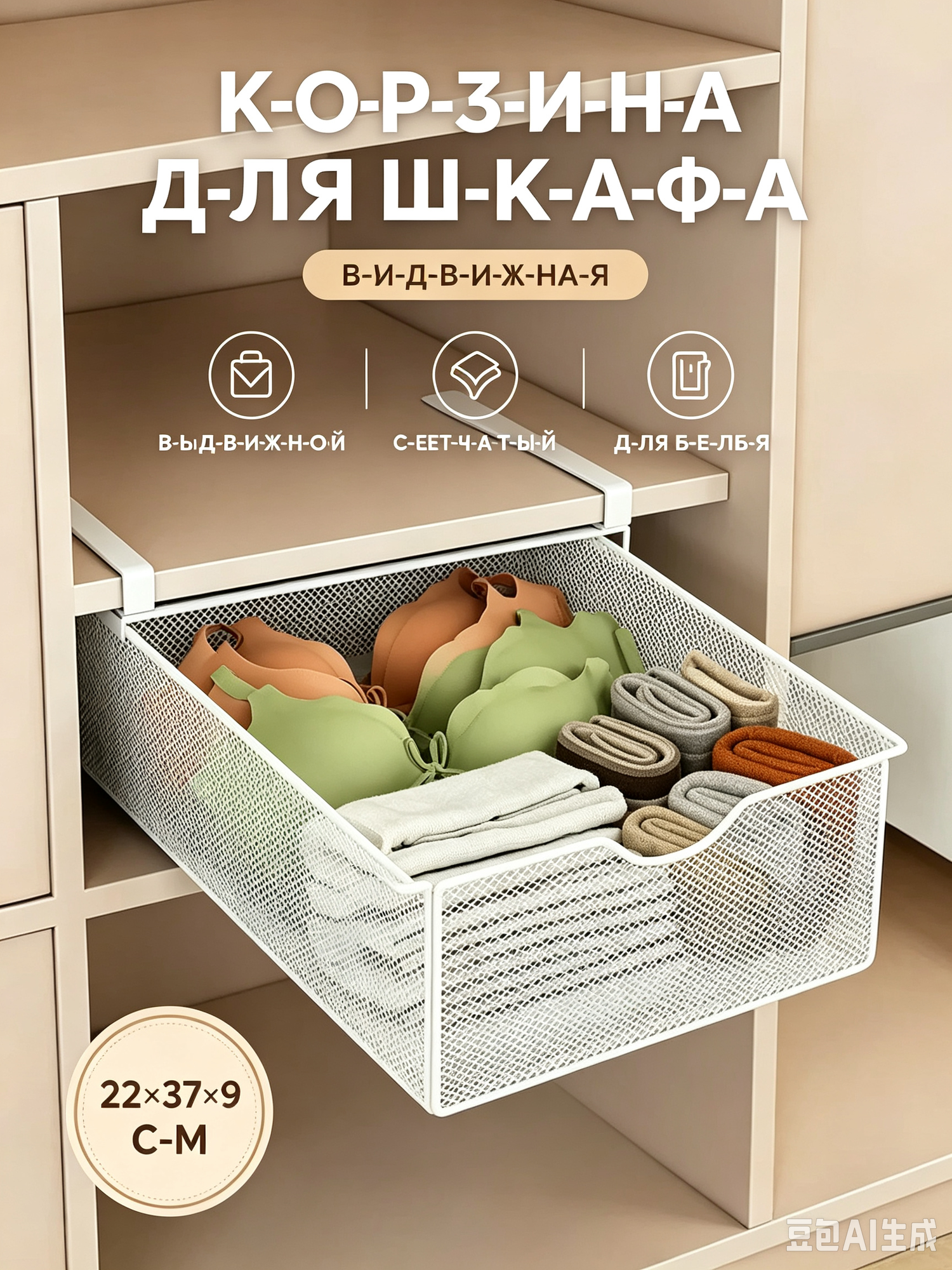 Metal mesh pull-out basket, underwear storage, white, 22x37x9 cm, 2 pieces, can be used as a bookshelf