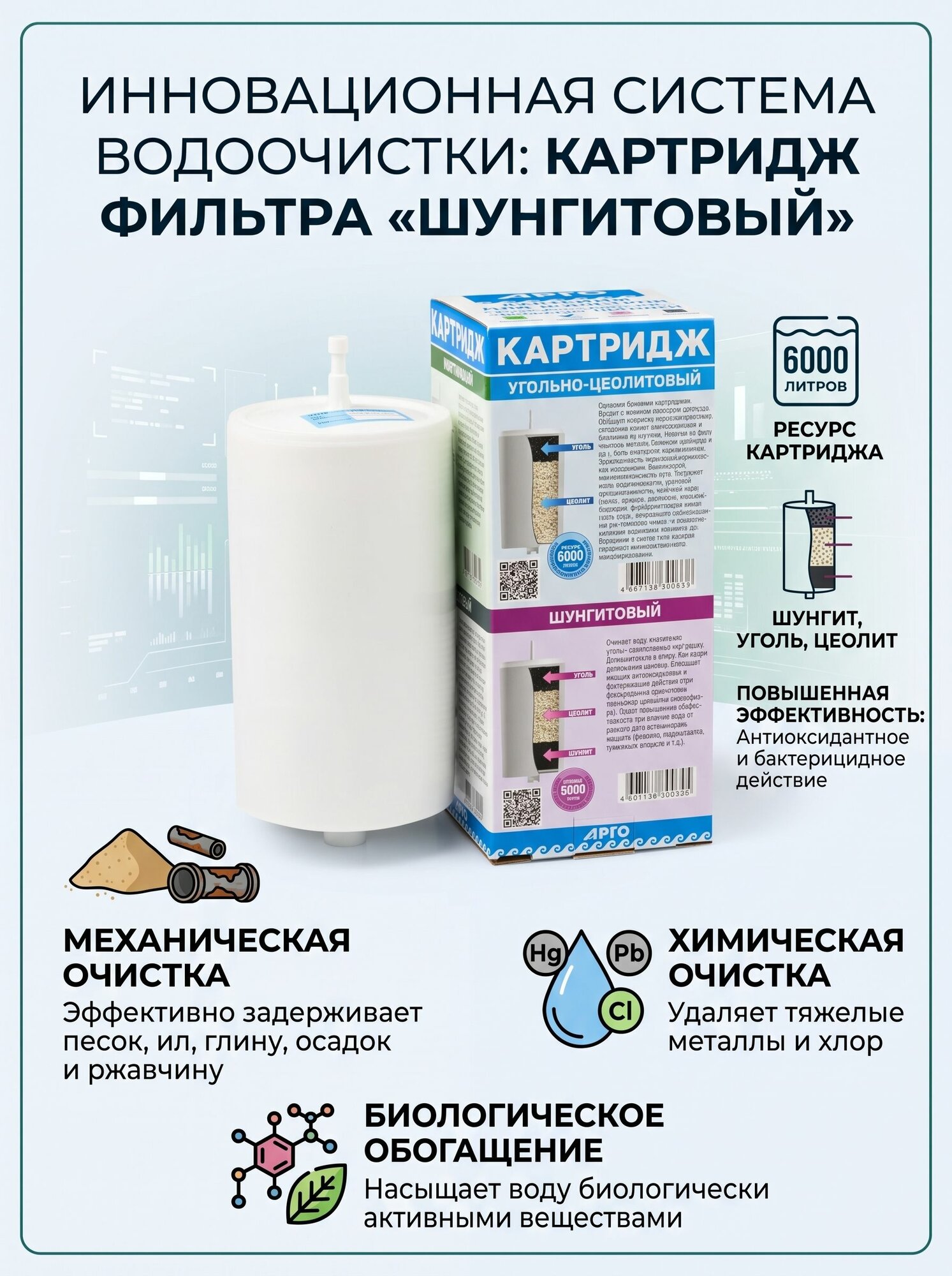 Сменный шунгитовый картридж для фильтра воды арго-м, Арго-МК и Водолей премиум, фильтрующий модуль очистки