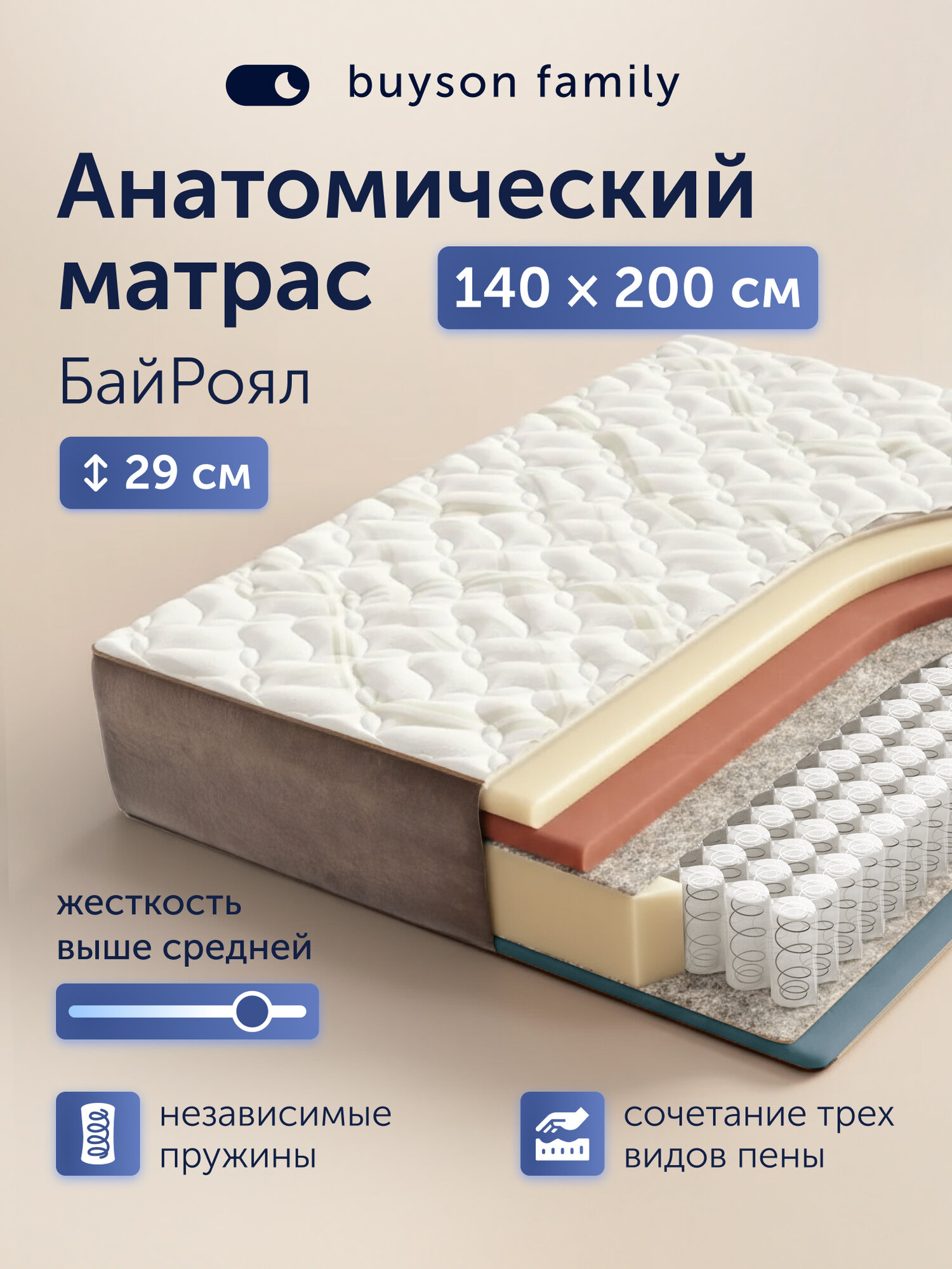 Ортопедический матрас buyson family БайРоял, 140х200 см, независимые пружины