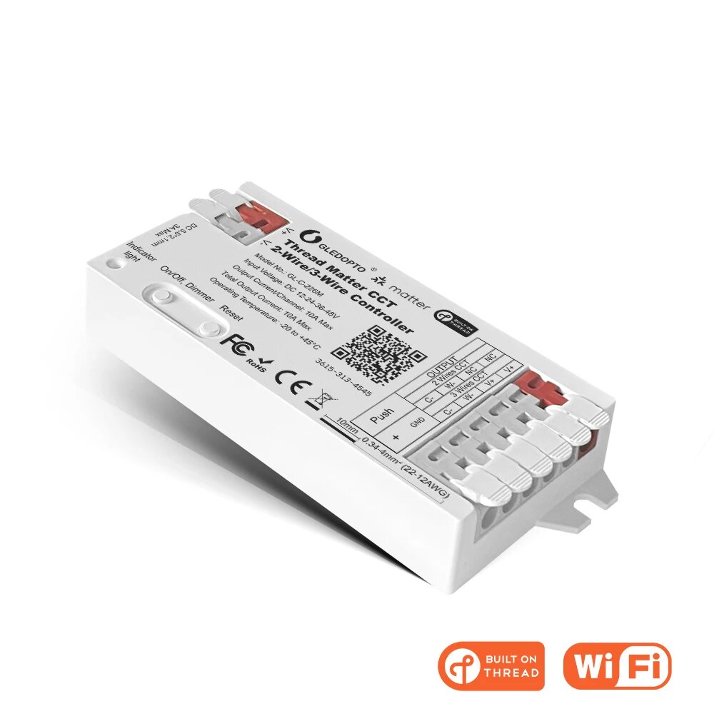Контроллер GLEDOPTO Thread Matter CCT, 10А макс, ШИМ 750 Гц, без мерцания, диммер для 2-х/3-х проводных светодиодных лент, поддержка 12-24-36-48В