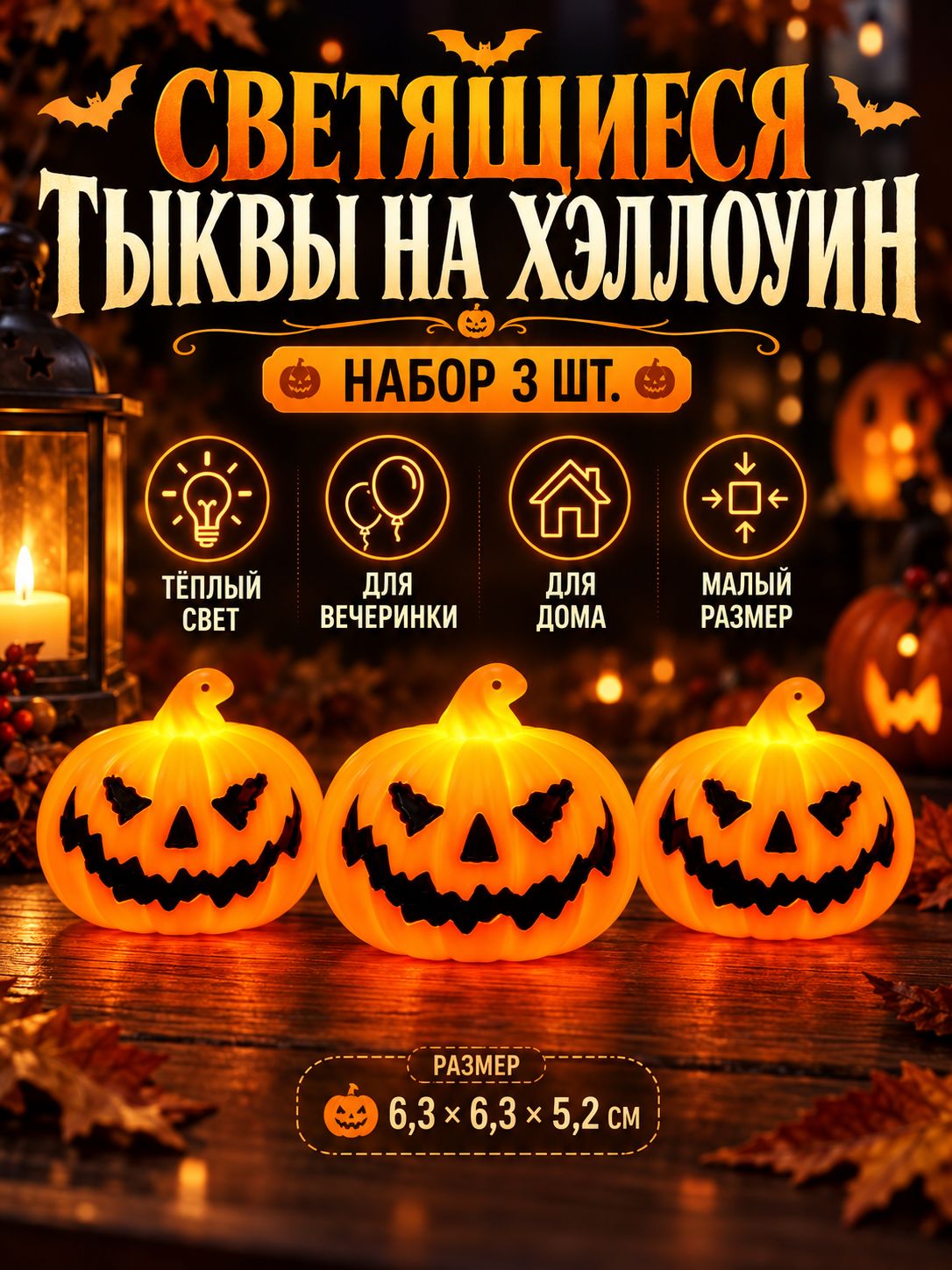 Светящиеся тыквы на Хэллоуин набор 3 шт, LED лампы тёплый свет, размер 6,3 6,3 5,2 см, настольный декор для дома, двора