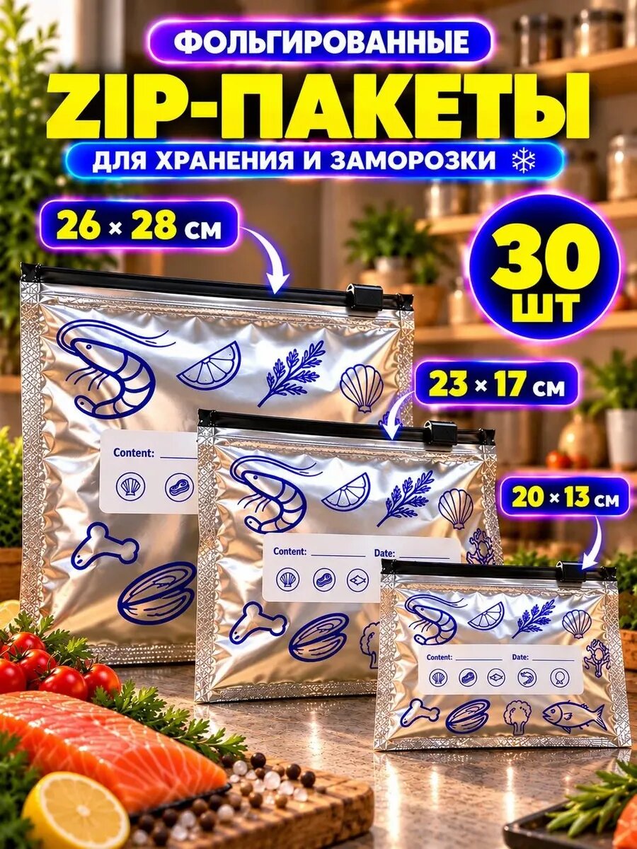 Пакеты для заморозки и хранения ViGrande, фольгированные, ZIP, 26×28/23×17/20×13 см, 10+10+10 шт.