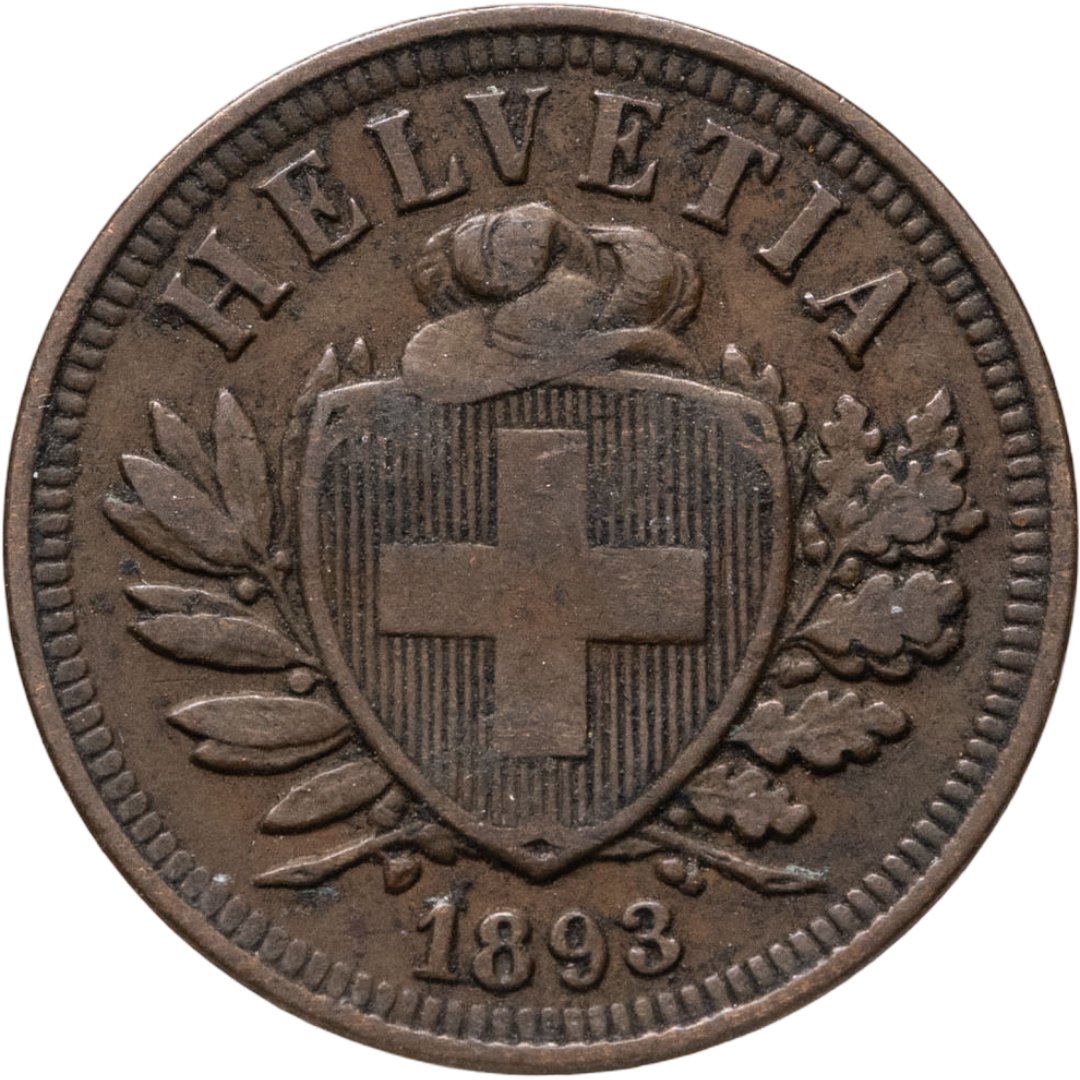 Швейцария 2 раппена 1893, Бронза, в сохранности XF
