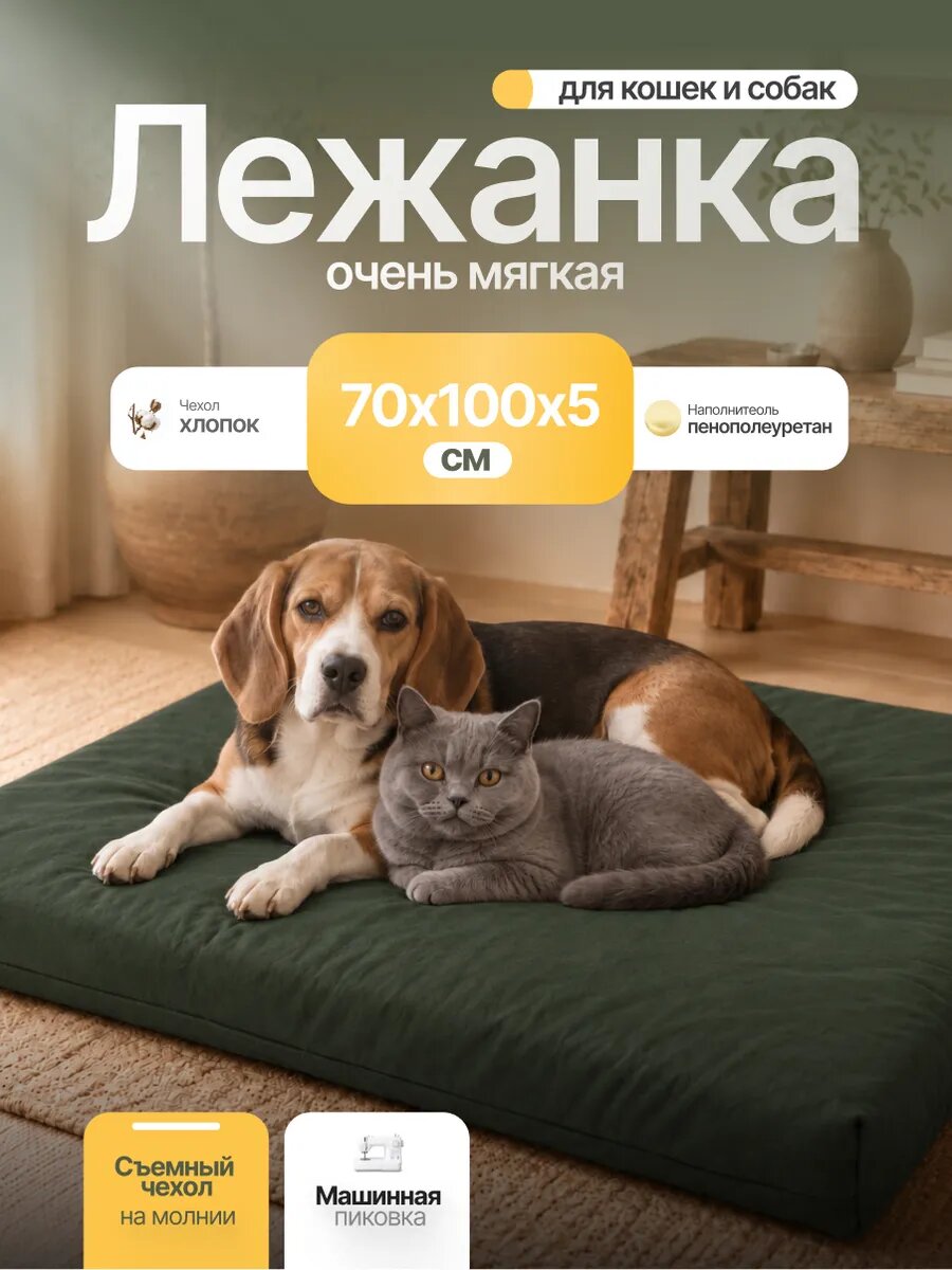Лежанка из поролона для собак крупных и средних пород и кошек с съемным чехлом на молнии BusyTEX 70х100х5см