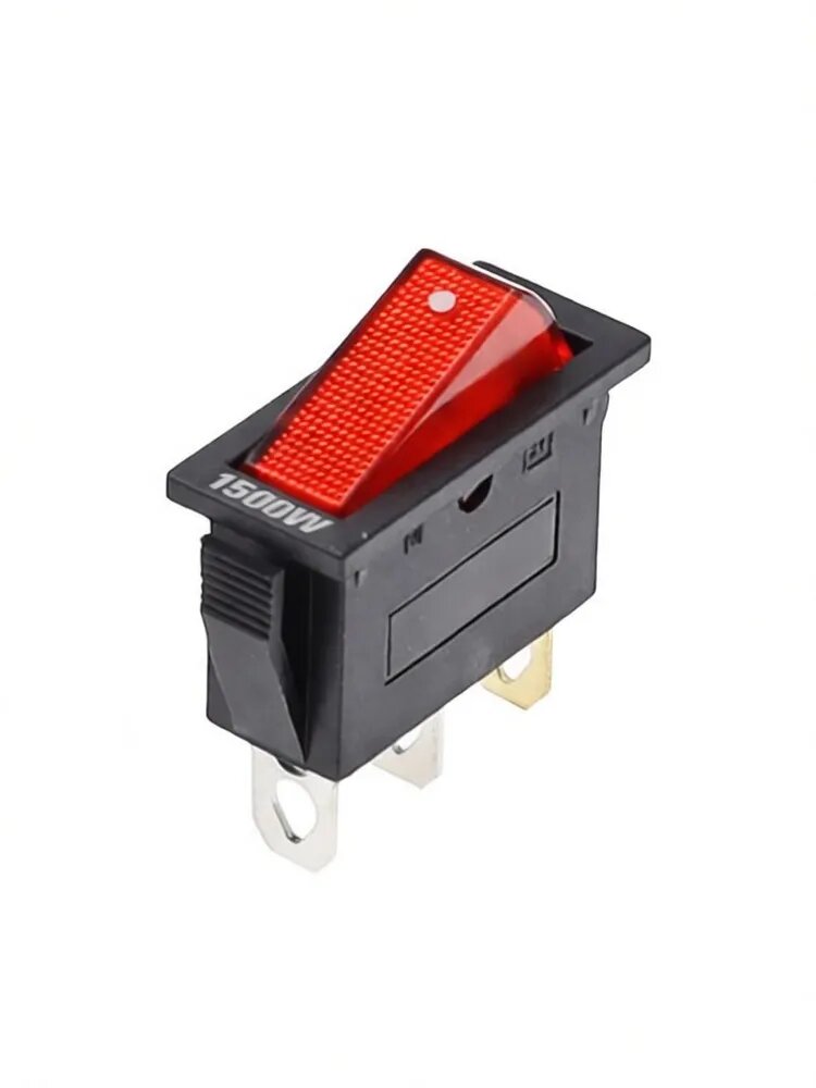 Кулисный выключатель KCD3 1500W с красной крышкой и подсветкой, 2 позиции и 3 контакта, с фиксацией, посеребренные медные контакты, цвет черный.