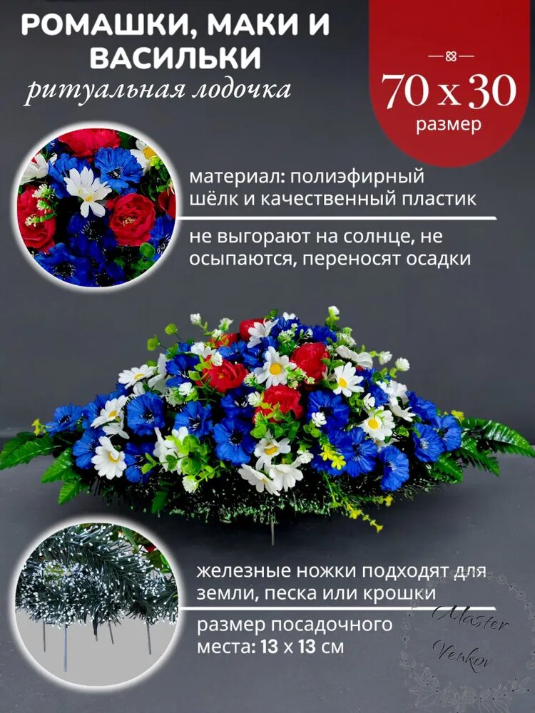 Цветы искусственные , композиция "Ромашки, маки и васильки", 70 см*30 см, Мастер Венков