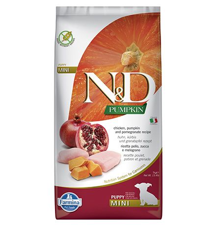 Farmina N&D Pumpkin Line Puppy Mini Chicken & Pomegranate Grain free / Сухой Беззерновой корм Фармина для Щенков Мелких пород Курица с Гранатом и Тыквой, 7кг