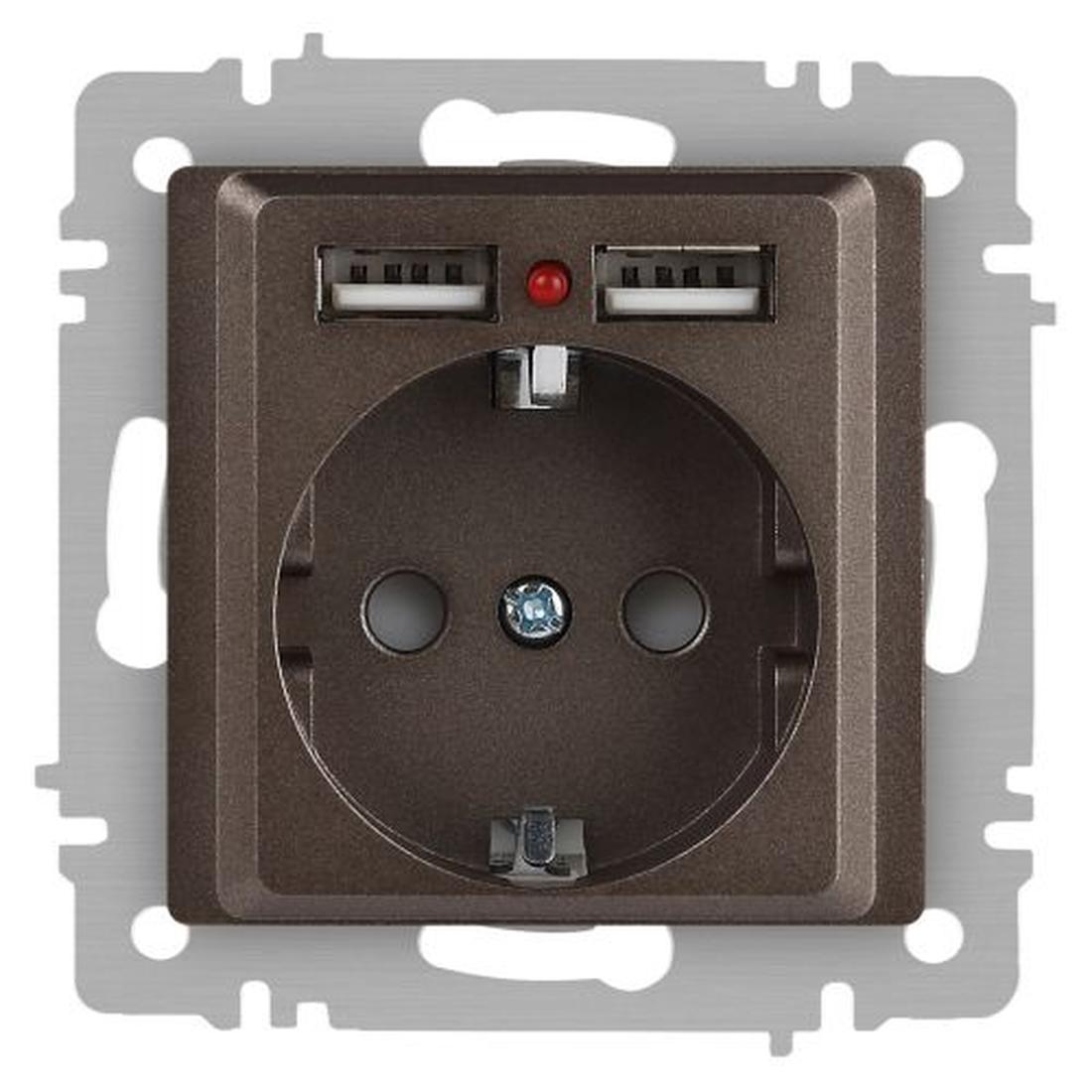 Розетка 1-м СП Accent 6-410-08 16А IP20 250В P+E Schuko + 2хUSB защ. шторки бронза Intro Б0063704