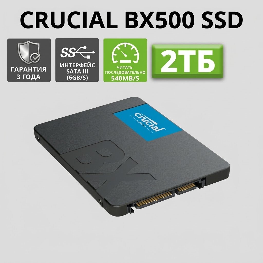 Накопитель SSD Crucial BX500 CT2000BX500SSD1 2 ТБ, 2.5", SATA III, SATA 540 МБ/с