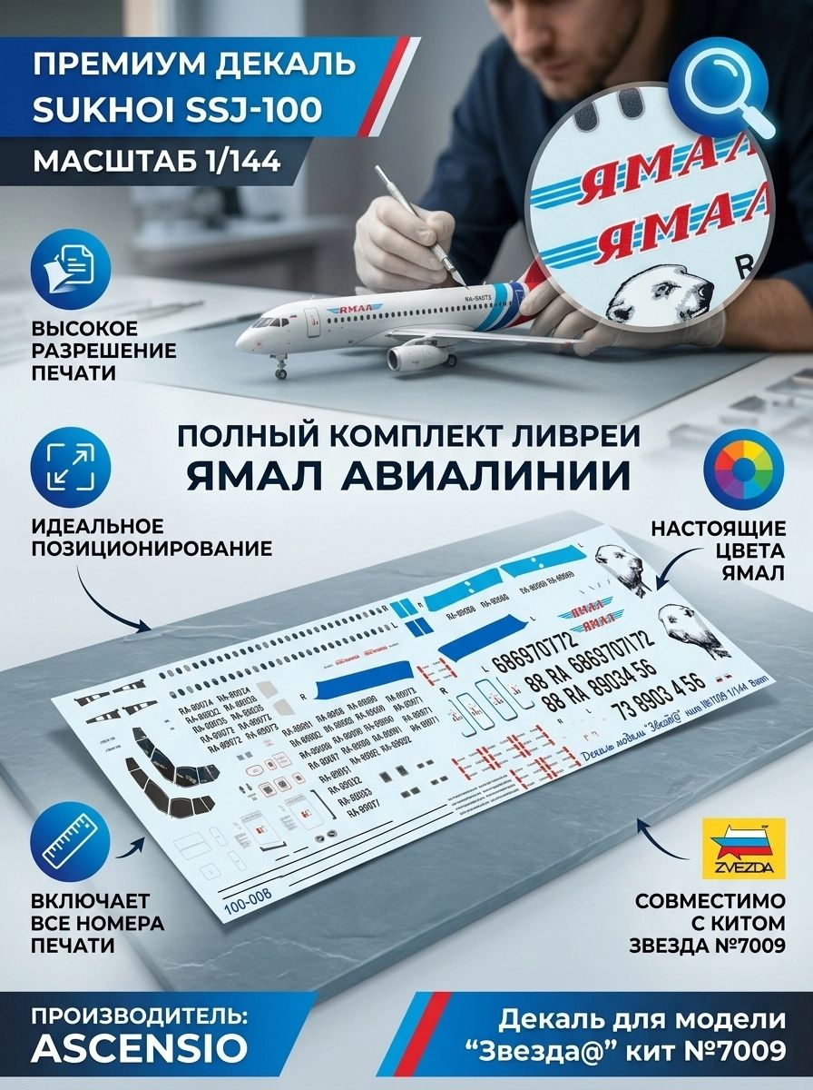 Декаль для сборной модели самолета Sukhoi Suprjet 100, авиакомпания Ямал, масштаб 1/144