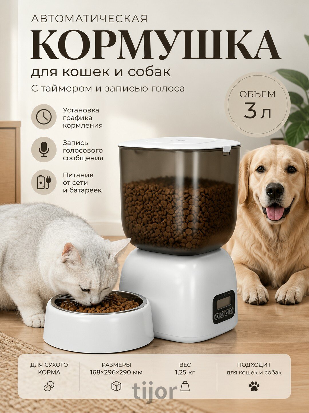 Автоматическая кормушка для кошек и собак Petzengo с таймером и записью голоса, питание от сети и батареек, автокормушка для животных