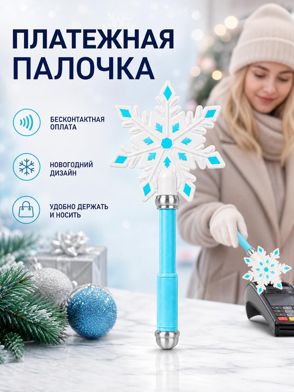 Держатель новогодний с головкой-снежинкой для автовладельцев, голубой, 32 см, PLA
