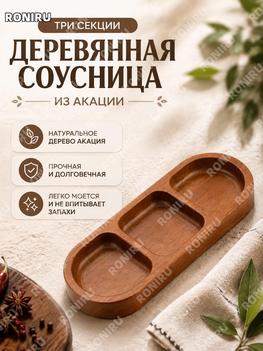 Трехсекционная соусница из акации, трехсекционная менажница для закусок и приправ, деревянная тарелка для подачи