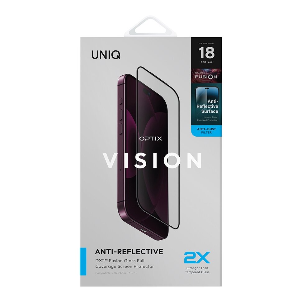 Uniq стекло антибликовое для iPhone 18 Pro Max /17 Pro Max, OPTIX Vision AR (DX2) Anti-Dust filter, Black (+installer)