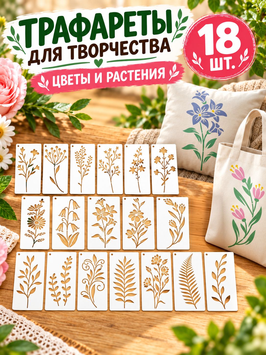 Трафареты для рисования и творчества, набор 18 шт, цветы и растения