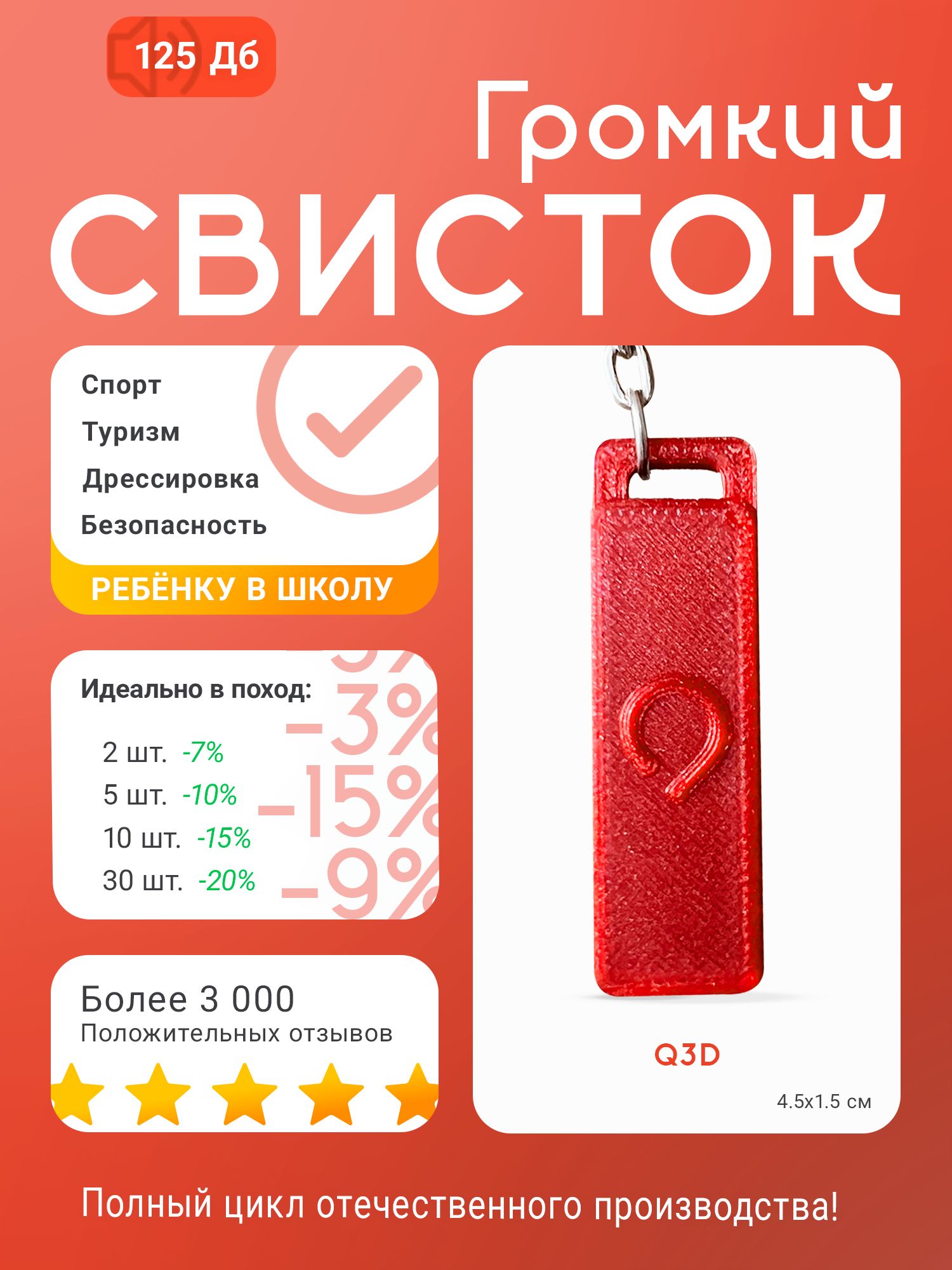 Свисток туристический громкий 125 дб, красный, спасательный, спортивный