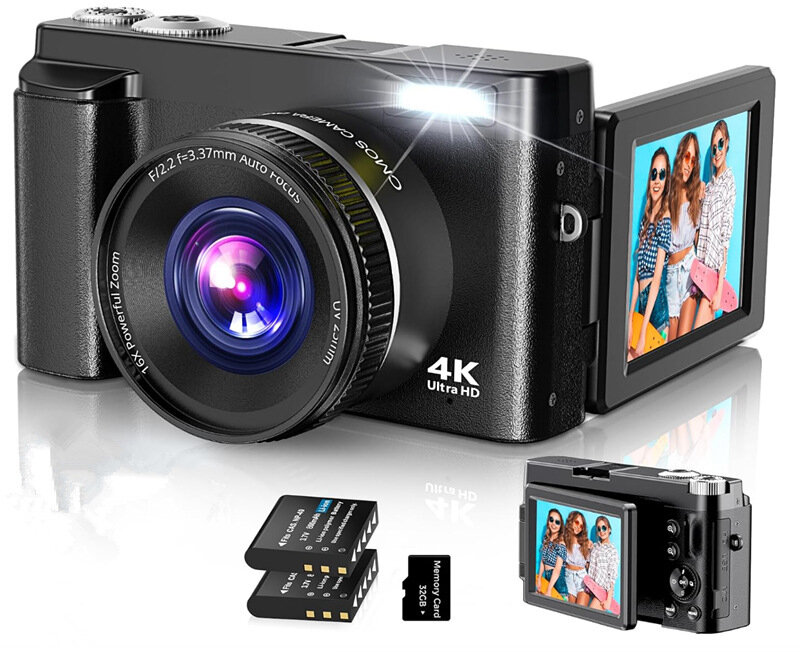 Цифровая камера CCD HD 10.8MP компактная видеокамера черного цвета с двумя батареями и картой 32GB