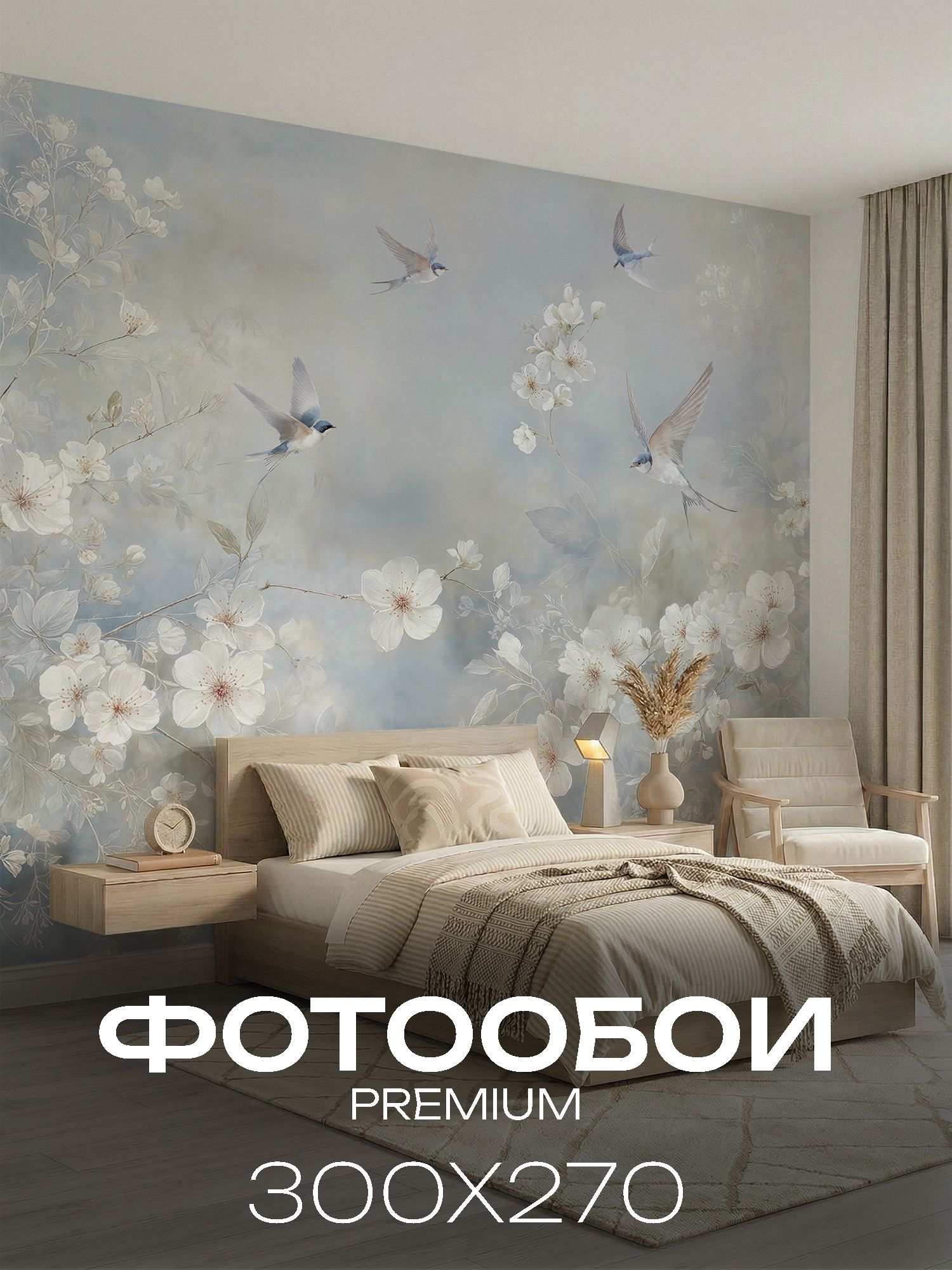 300х270 3D фотообои птицы и цветы