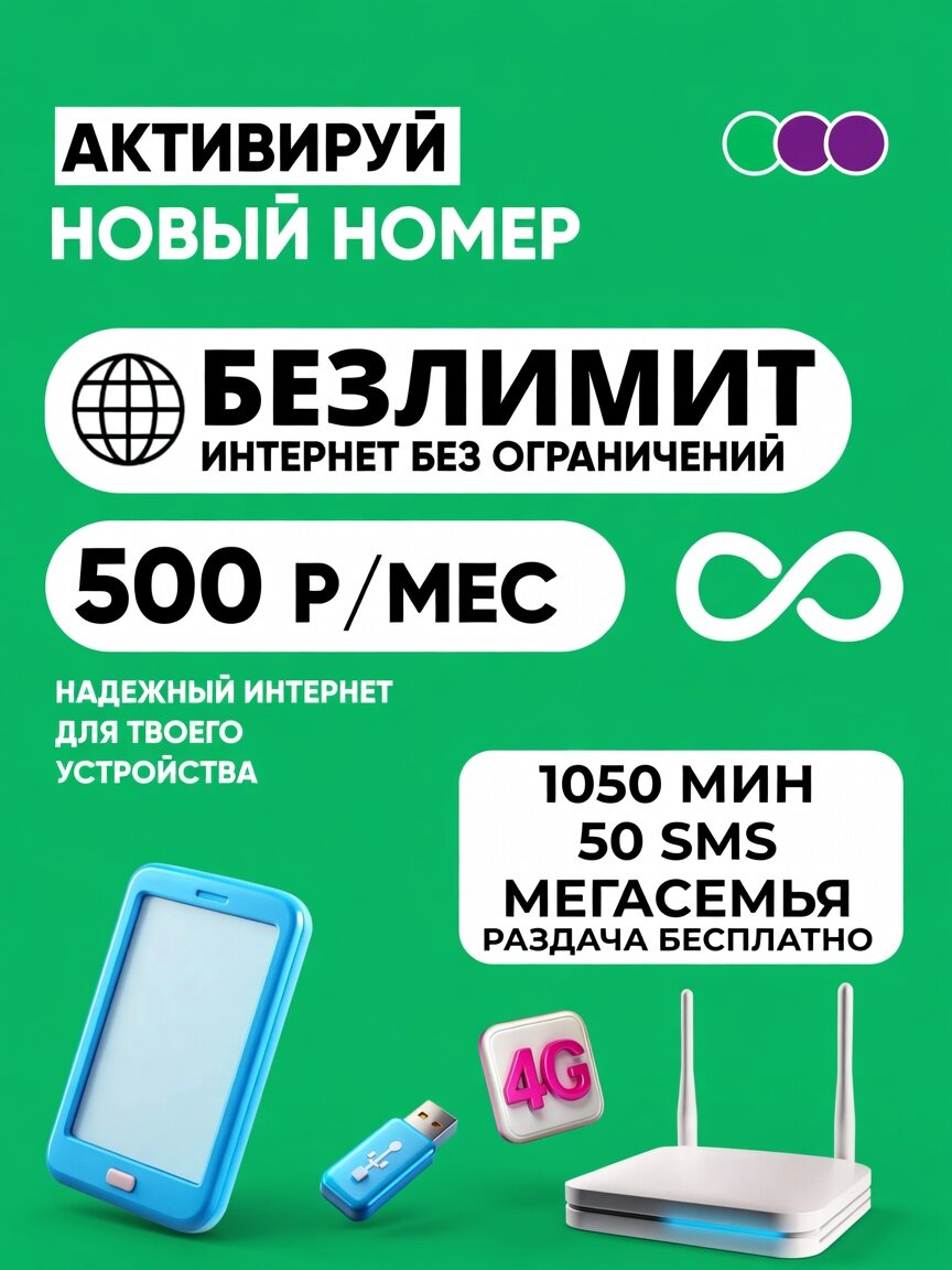 Сим-карта "МегаФон", безлимитный интернет, для устройств, 500 руб/мес