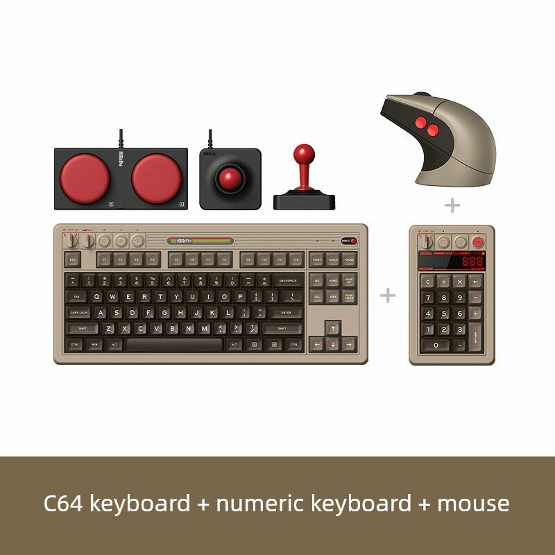 Набор клавиатура 8Bit Retro87 C64 + цифровая клавиатура + мышь - три режима беспроводной Bluetooth и проводной, 87