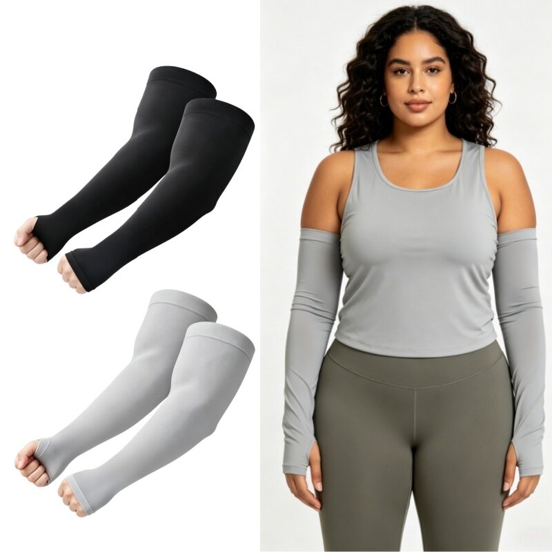 Компрессионные нарукавники Plus Size, 2 пары, черный + светло-серый, без пальцев, охлаждающие, с широким манжетом, противоскользящие, для бега, баскетбола, гольфа и активного отдыха