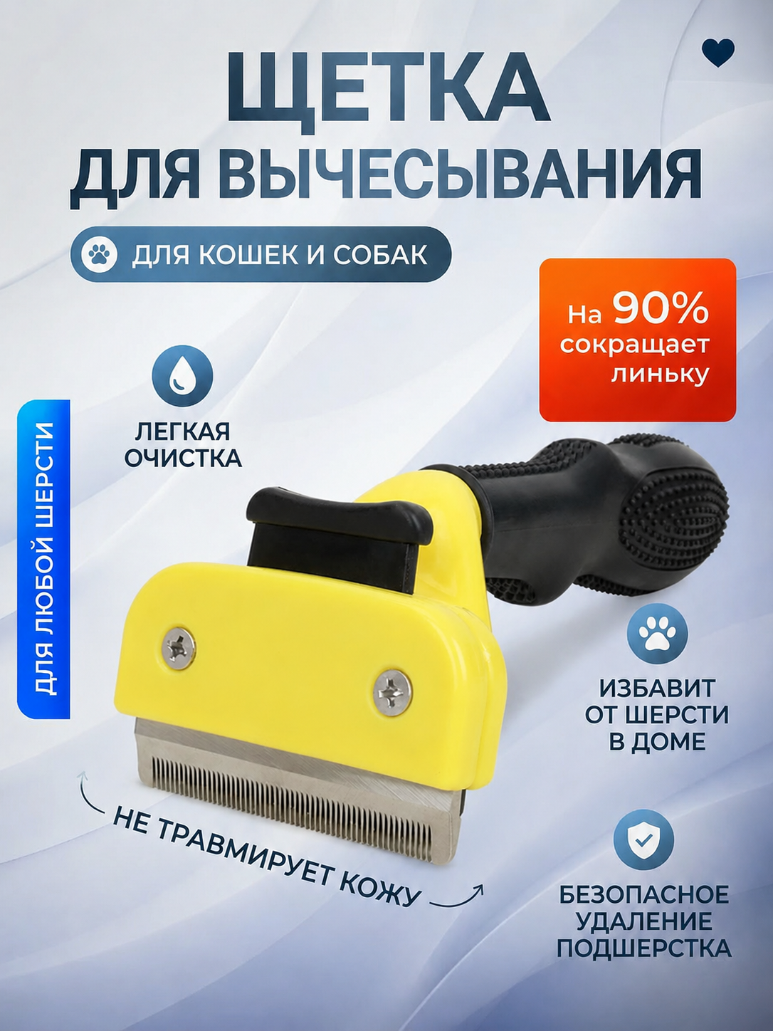 Дешеддер для собак и кошек - лезвие 65 мм / Расческа для вычесывания шерсти кошек и собак / Щетка для вычесывания шерсти / Пуходерка / Фурминатор