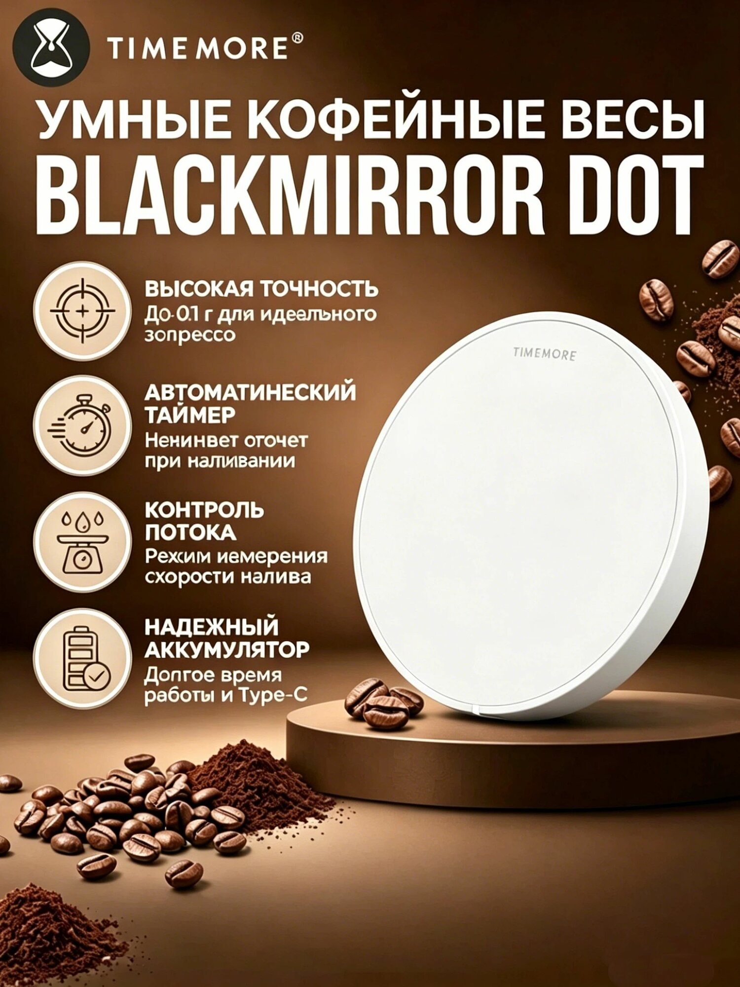 Timemore Электронные кухонные весы Black Mirror Dot, высокоточное взвешивание весом 0,1 г, подключение к интеллектуальному приложению, водонепроницаемость IPX3, белый