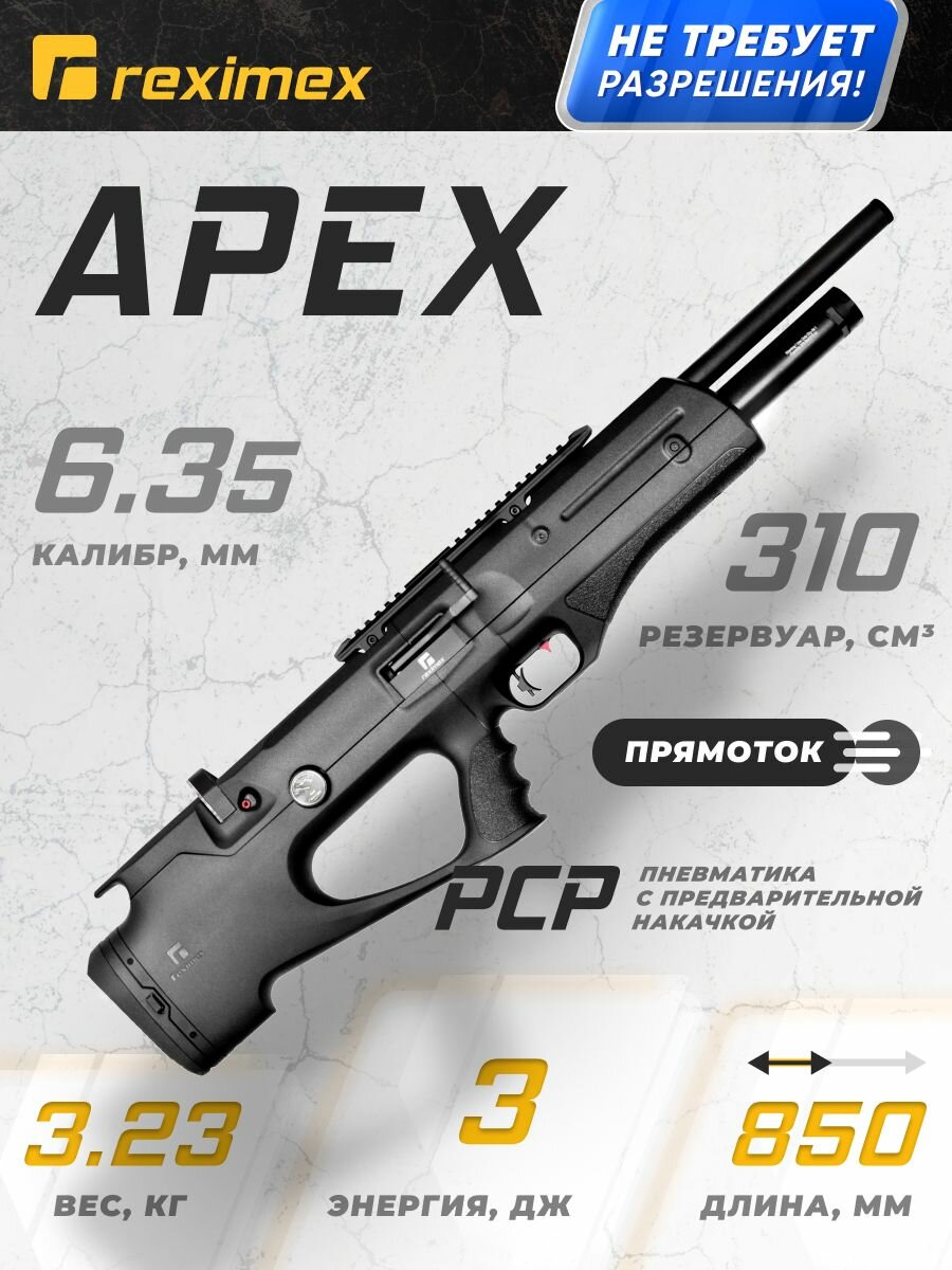 Пневматическая винтовка Reximex APEX PCP, калибр 6,35 мм, 3 Дж, пластиковая ложа, нарезной ствол 480 мм, черная матовая