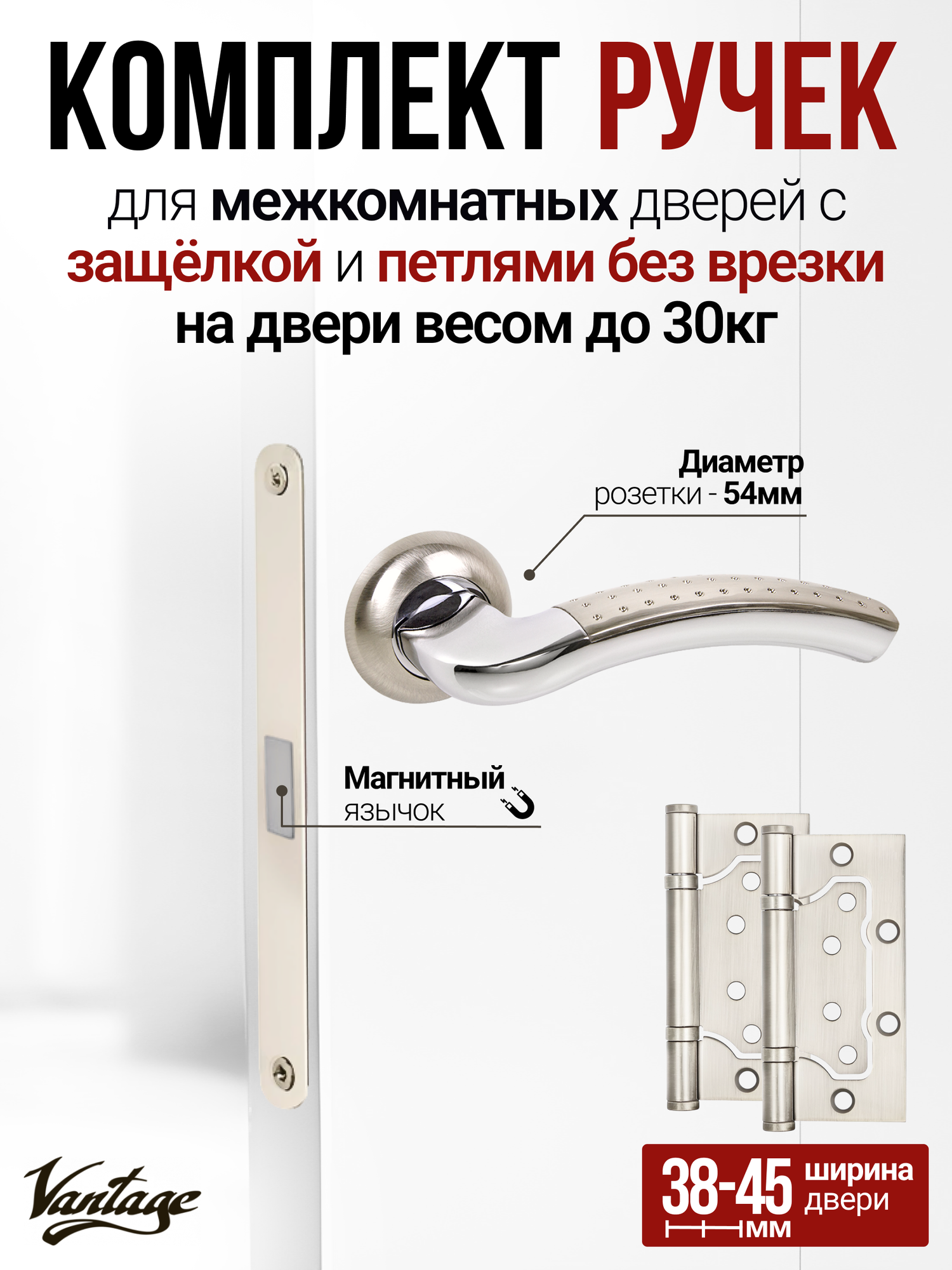 Комплект дверной фурнитуры Vantage: ручки межкомнатные матовый никель с бесшумным магнитным замком-защелкой и петлями без врезки