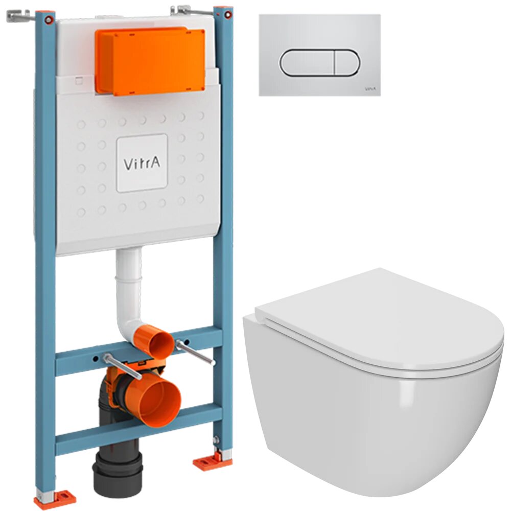 Комплект 2 в 1 Унитаз подвесной Bauedge Bau Dream / Инсталляция с кнопкой VitrA Ви-Фикс Кор (V-Fix Core) 732-5800-01 цвет хром глянец