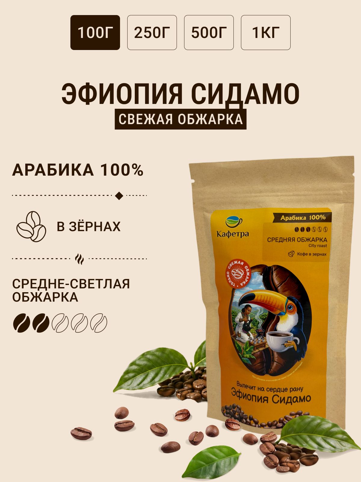 Кофе в зернах Арабика Эфиопия Сидамо средне-светлая обжарка 100г