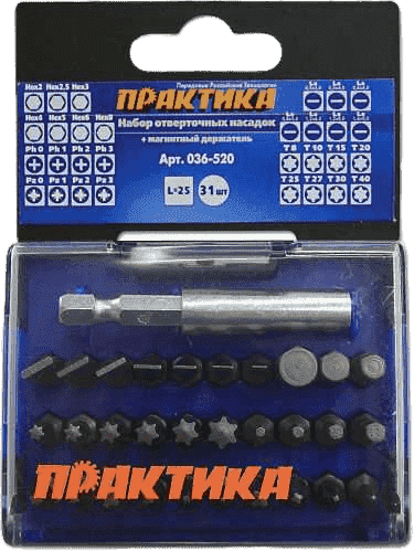 Набор бит ПРАКТИКА Профи PH; PZ; SL; Torx; Hex+магн. держатель 31шт