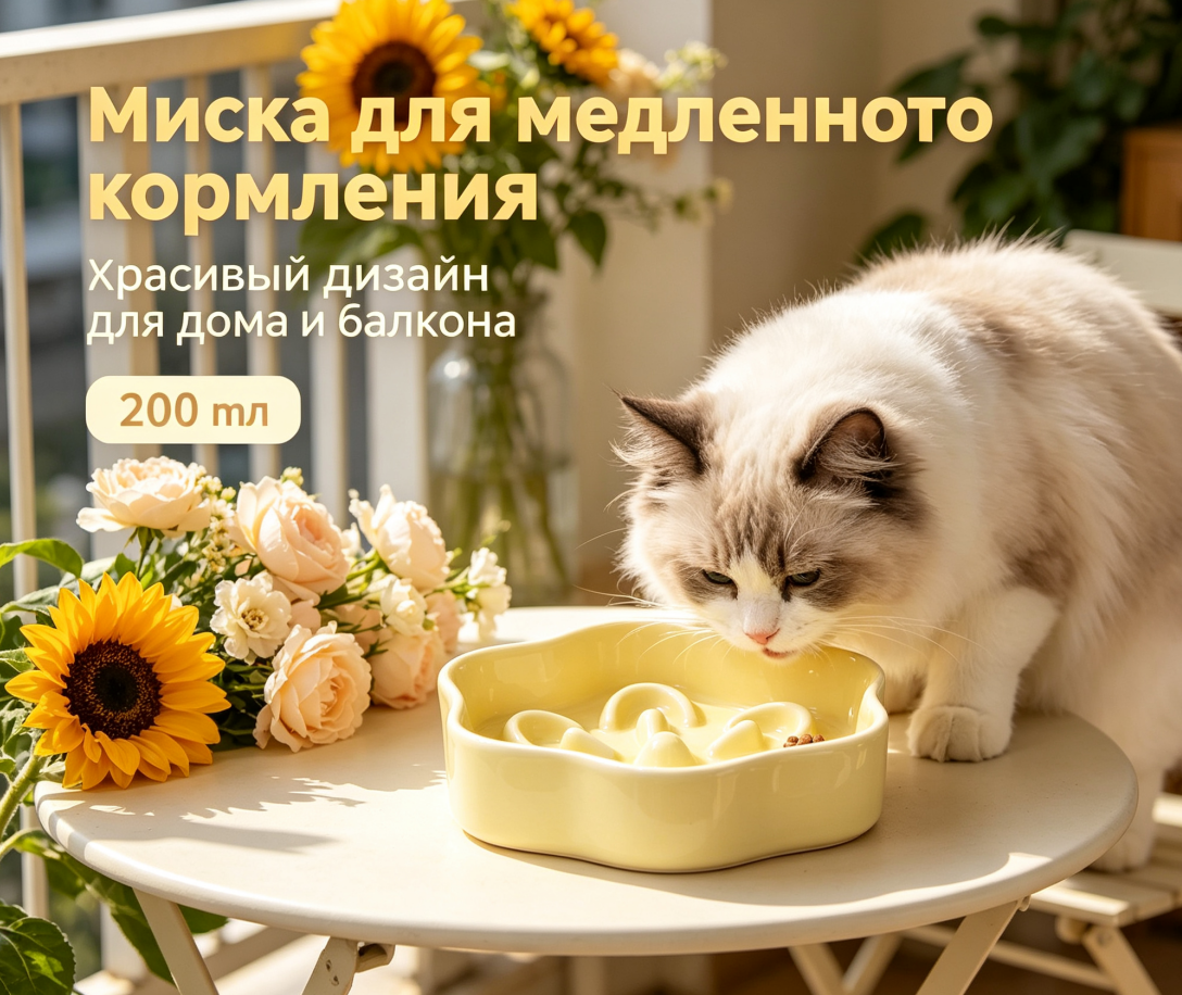 Керамическая миска‑замедлитель для питомцев 200 мл, цветочная форма, антизахлёбывающая миска для кошек и маленьких