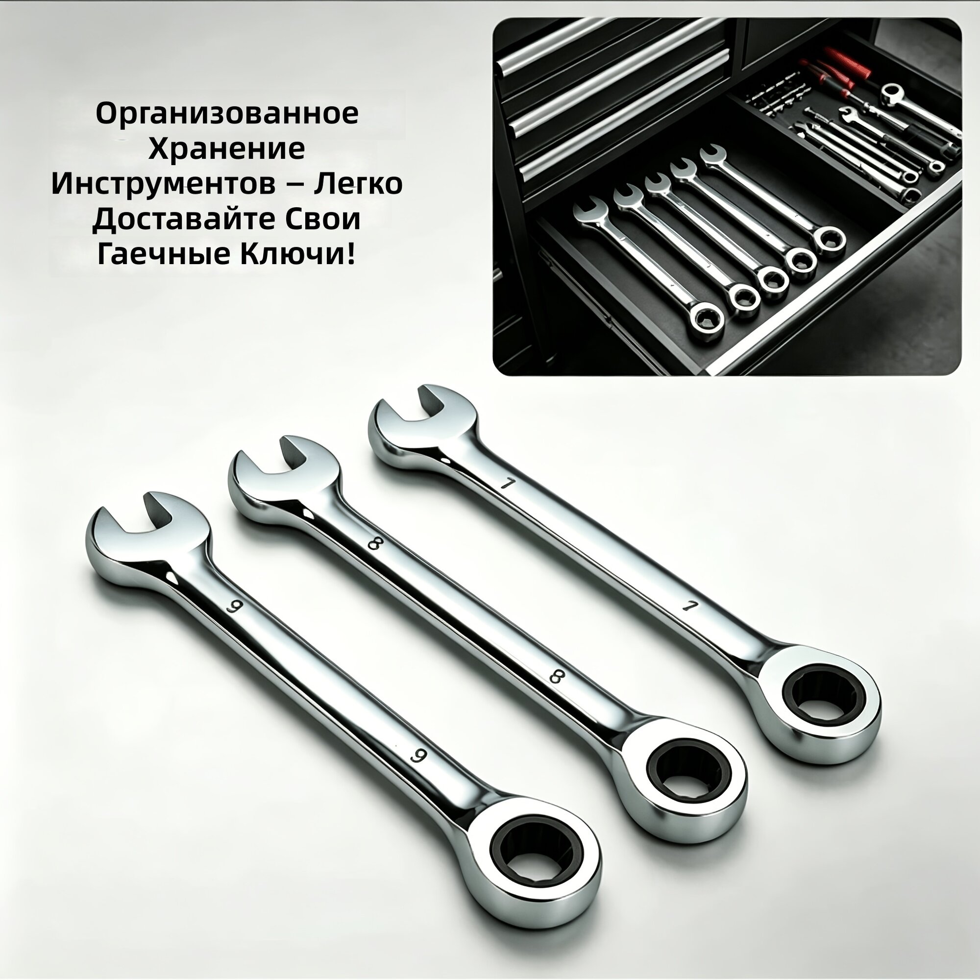 Набор гаечных ключей с фиксированной головкой и храповым механизмом, 3 шт. (7, 8, 9 мм)