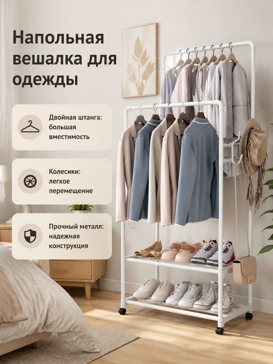 Напольная вешалка с двумя штангами, 2-ярусная, белая, на колесах, металлическая