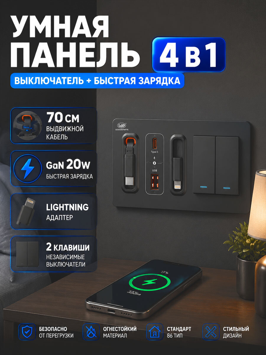 Умная розетка с выключателем, USB Type-C PD 20W, выдвижной кабель 70 см, Lightning адаптер, двойной выключатель