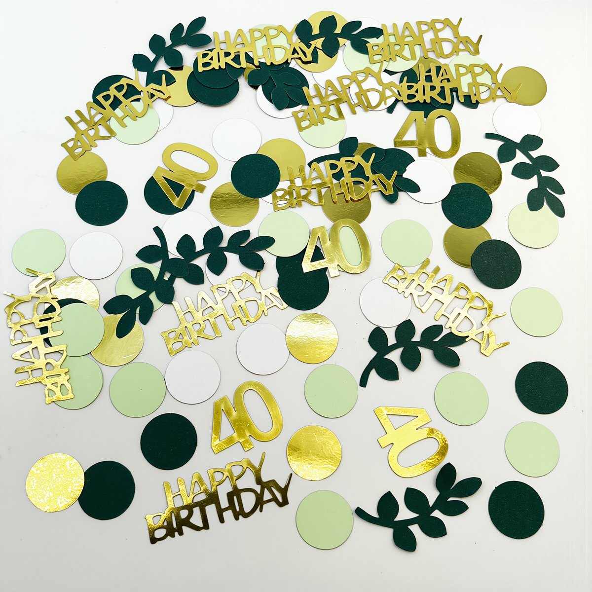 Конфетти для декора дня рождения 100 штук с надписью HAPPY BIRTHDAY зелеными листьями для посыпки на стол на праздник свадьбу юбилей